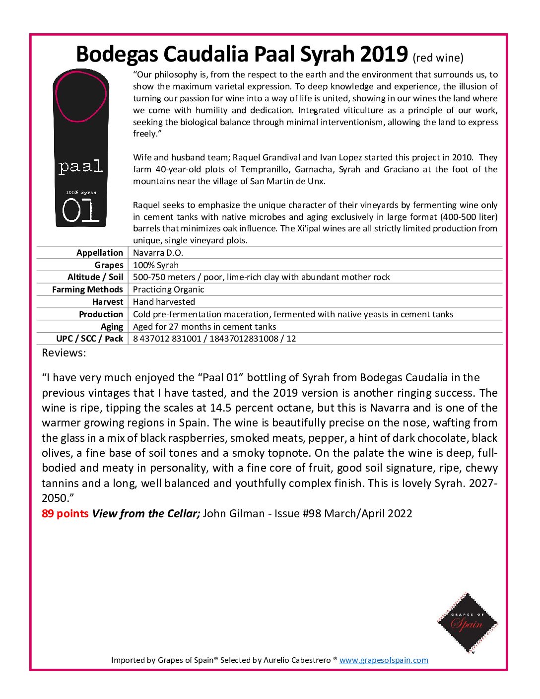 Bodegas Caudalia, Paal 01 Syrah 19 TS – Elite Wines®