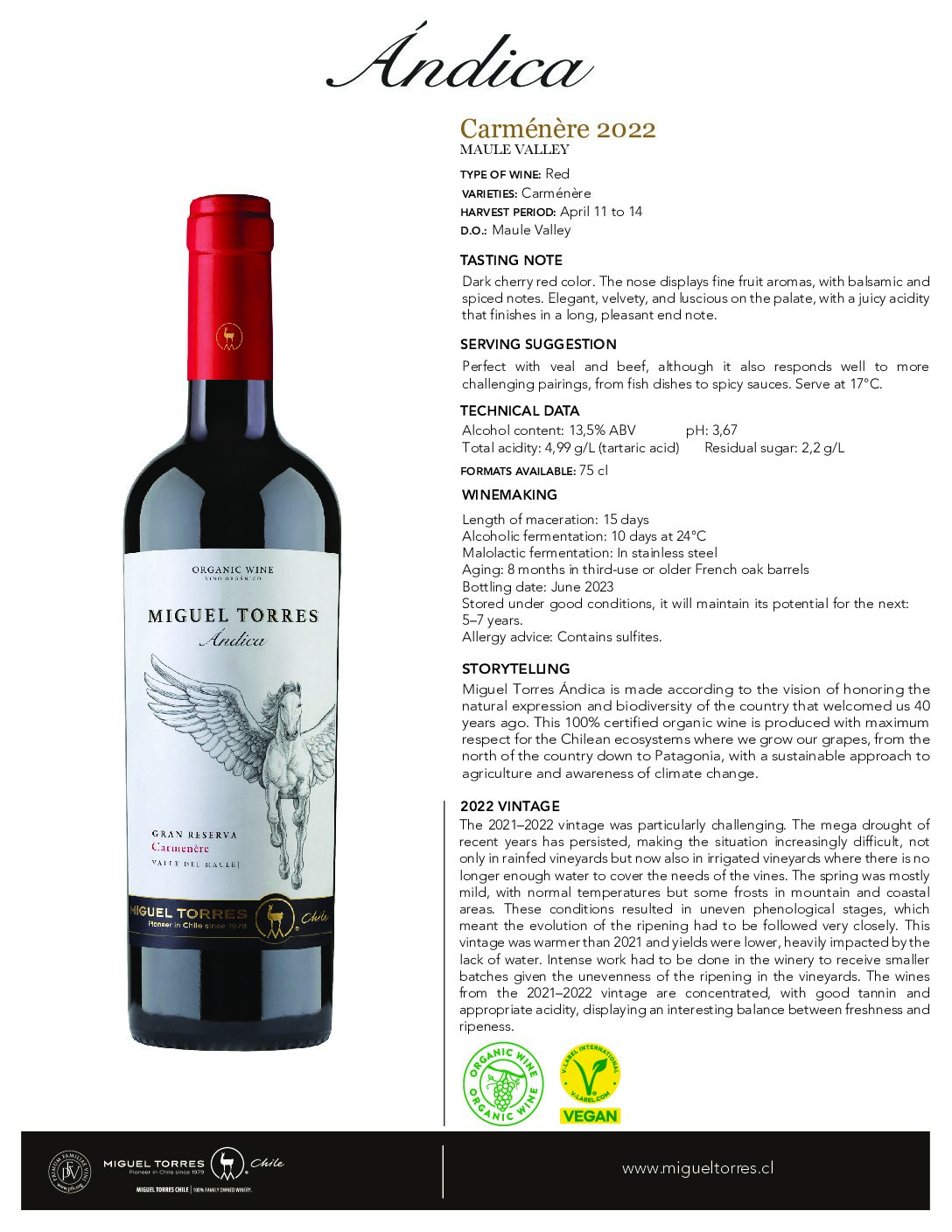 Miguel Torres Andica, Carmenere 22 TS – Elite Wines®